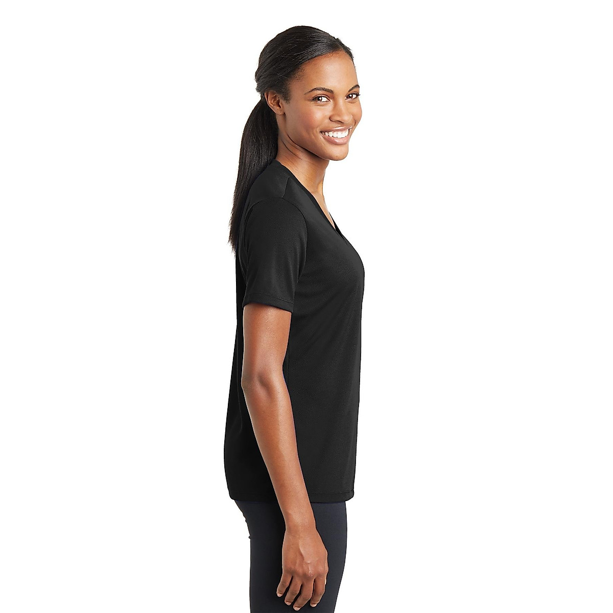 SPORT-TEK Ladies PosiCharge RacerMesh V-Neck Tee. LST340, Black, Large