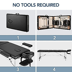 Careboda Portable Massage Table Professional Massage Bed 3 Fold 82 Inches Height Adjustable for Spa Salon Lash Tattoo with Aluminum Legs Carrying Bag Accessories Black