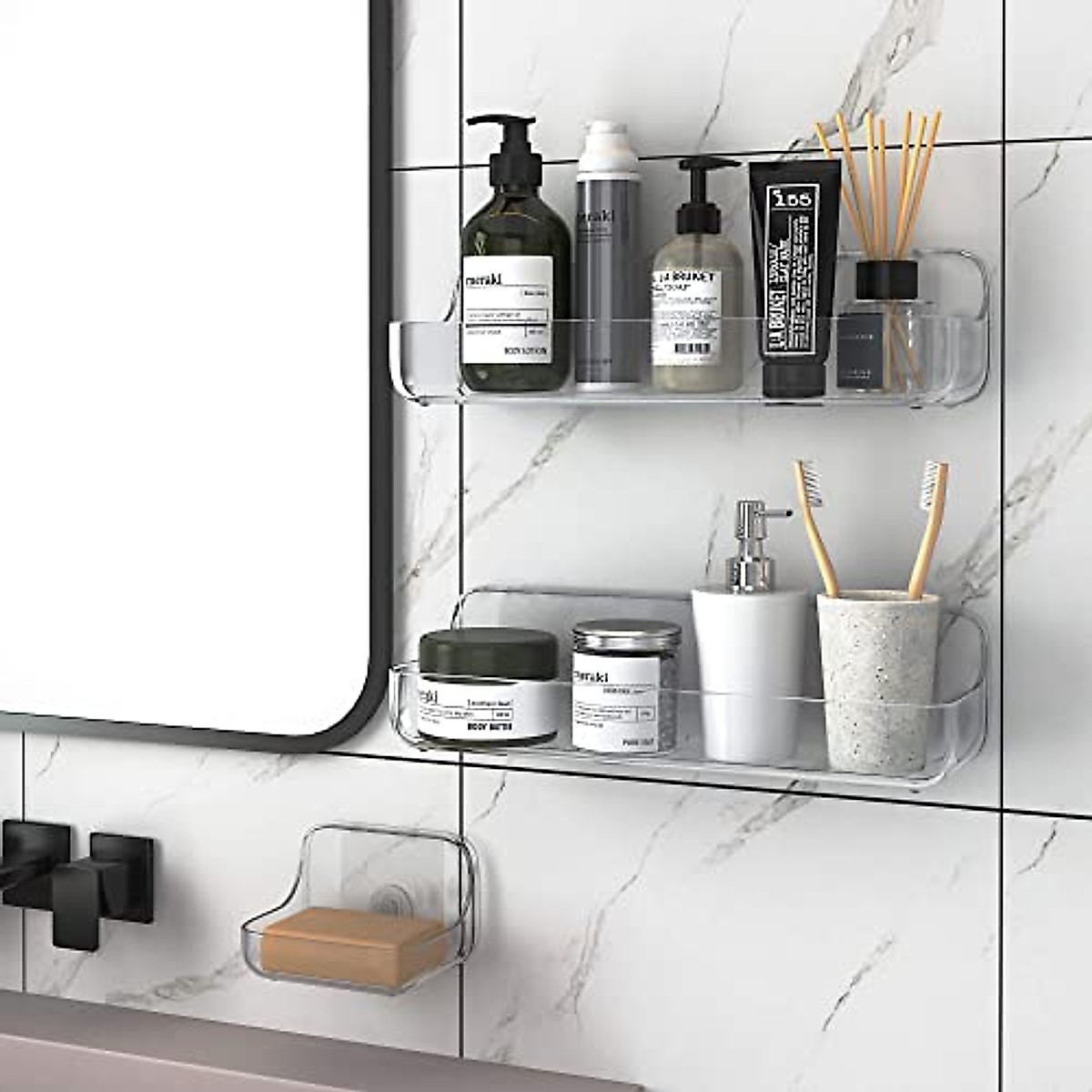 TZAMLI Shower Caddy with Soap Dish, Adhesive Shower Organizer Plastic Shower Shelf Wall Mounted Shower Rack for Bathroom Storage (Clear, 3 Pack)