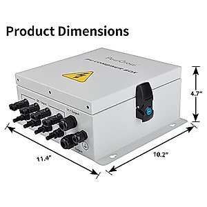 PowGrow PV Combiner Box, 4 String Metal Solar Combiner Box with 15A Rated Current Fuse, Surge Protective Device and 50A Air Circuit Breaker for On/Off Grid Solar Panel System, Pre-Wired Cable