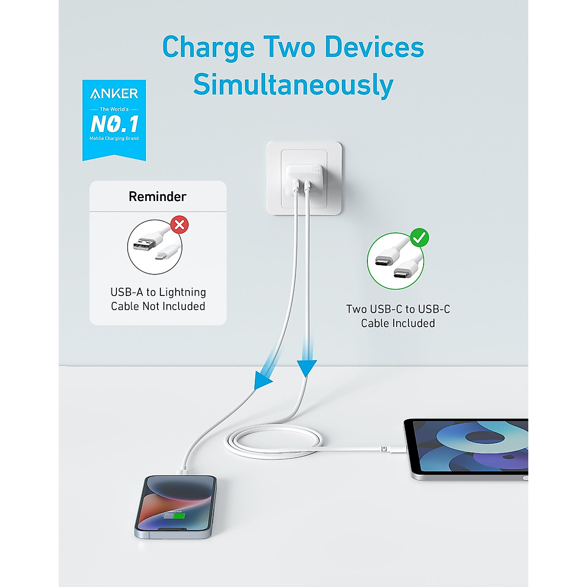 Anker iPhone 15 Charger, Anker USB C Charger Block, 2-Pack 20W Fast Wall Charger for 15/15 Pro/Pro Max/iPad Pro and More, with 2 Pack 5 ft USB-C Cable