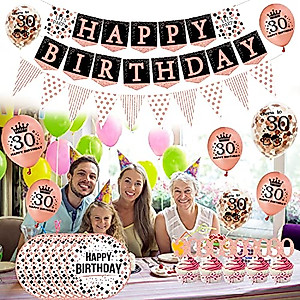 30th birthday decorations for her - (76pack) rose gold party Banner, Pennant, Hanging Swirl, birthday Balloons, Foil Backdrops, cupcake Topper, plates, Photo Props, Birthday Sash for women gift