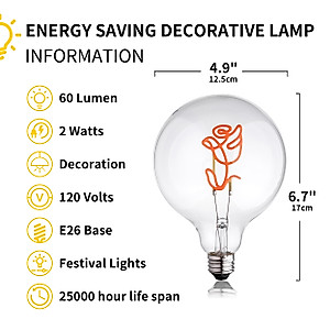 CybaaLuxzus 2W LED Decorative Light Bulb,Happy Signed Bulb,Rose Design Light Bulbs,Filament Bulb,Globe Led Light Bulbs,Soothing Light Bulbs,G125 120V