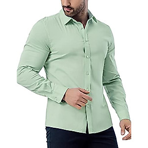 ZAFUL Men Long Sleeve Green Dress Shirt Stretch Wrinkle-Free Casual Slim Fit Button-Down Shirts Light Green XL