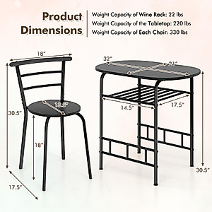 Giantex 3 Piece Dining Set Compact 2 Chairs and Table Set with Metal Frame and Shelf Storage Bistro Pub Breakfast Space Saving for Apartment and Kitchen (Black)