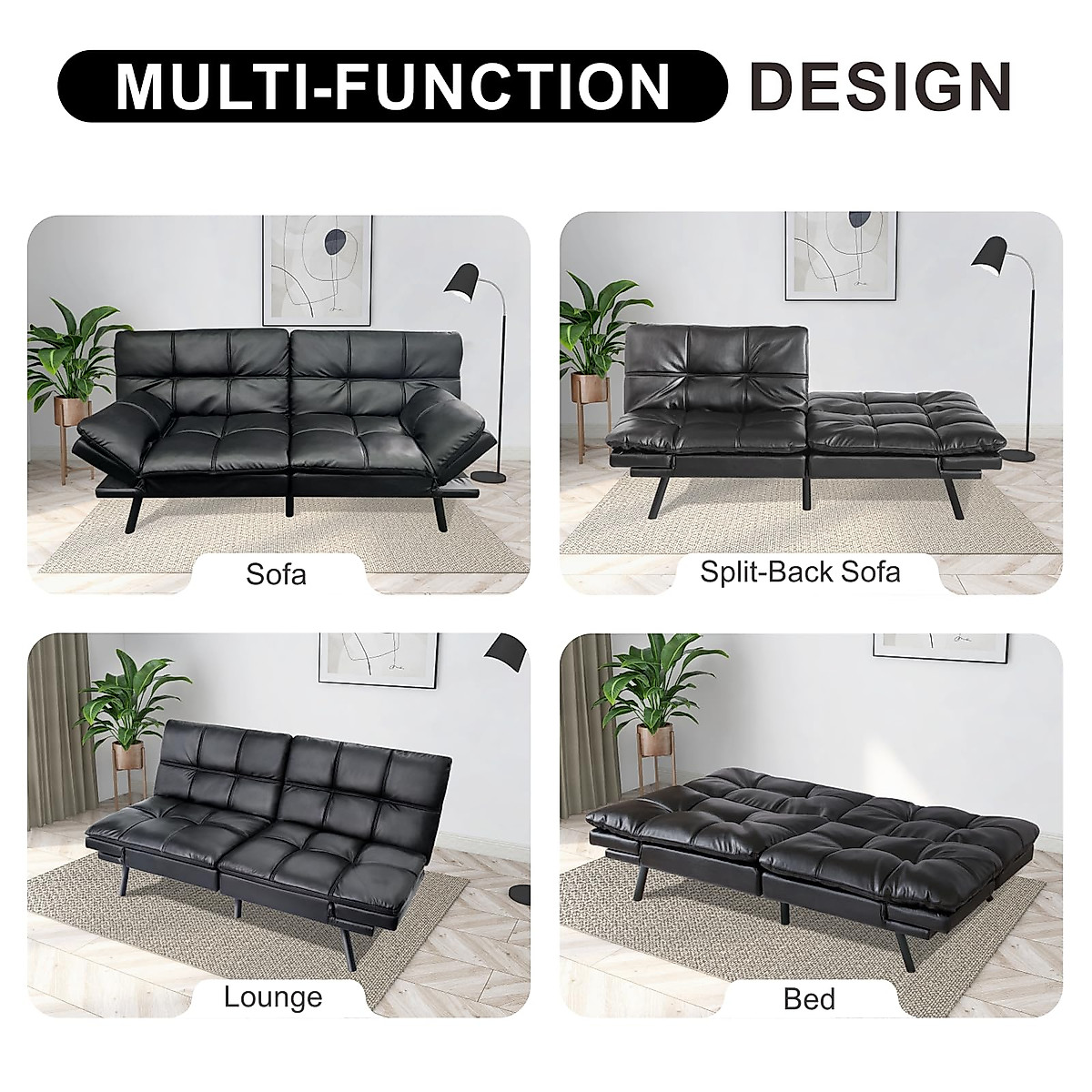 MUUEGM Futon Sofa Bed Memory Foam Convertible Couch Sleeper,Modern Faux Leather Love Seat for Living Room Small Space Apartment Office,Adjustable Backrest Armrest,71" Sofabed, Black-New