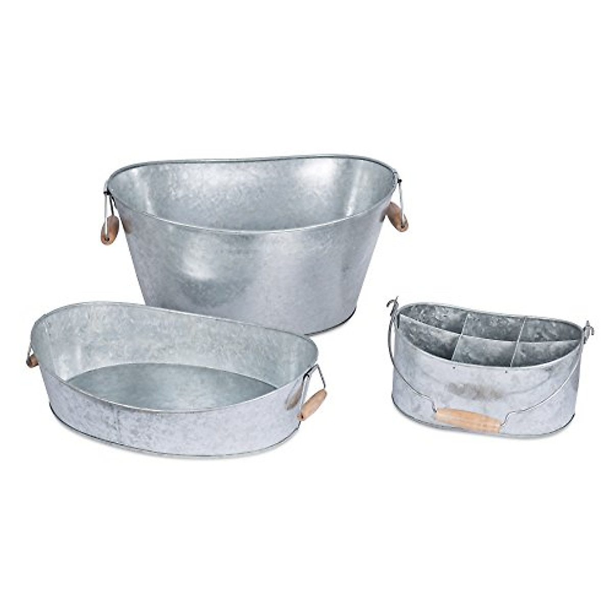 BirdRock Home Galvanized Beverage Tub, Caddy and Tray Set - 3 Piece - Party Tray Platter Drink Holder - Silverware Caddy - Wooden Handles