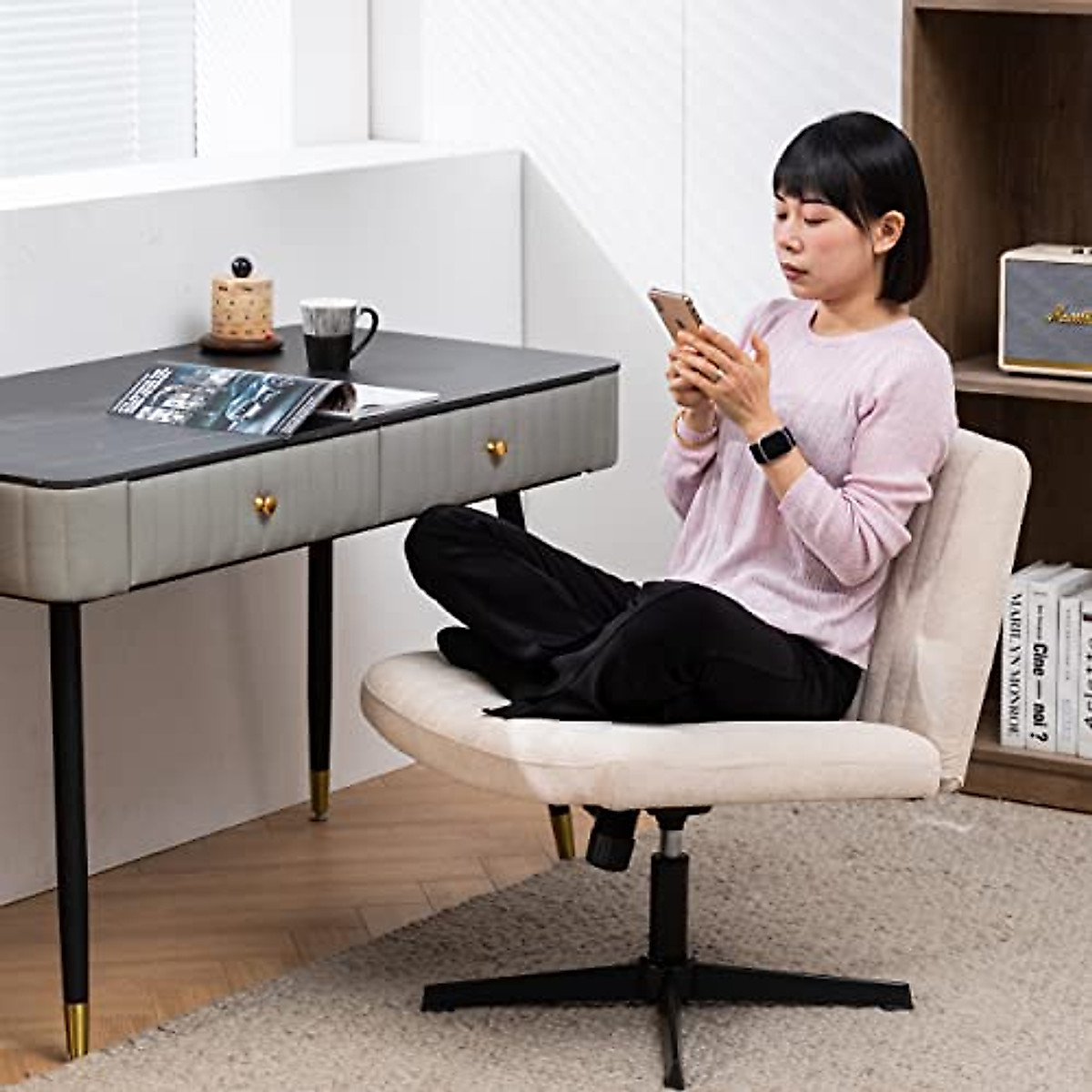 ESTRUCO Armless Wide Office Chair Fabric Padded Desk Chair No Wheels Task Vanity Chair Swivel Home Office Desk Chair 120°Rocking Mid Back Computer Chair for Make Up (Textile-Beige)