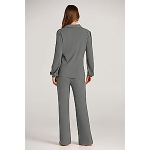 PRETTYGARDEN Women's Fall 2024 Two Piece Tracksuit Outfit Long Sleeve Lapel V Neck Tops Blouses Wide Leg Pants Matching Set (Grey,Large)