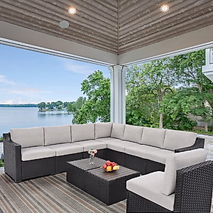 HAPPATIO 10 Piece Patio Conversation Set,All-Weather Patio Furniture Set with Multiple Configuration Options,Rattan Wicker Outdoor Sectional Sofa with Thick Cushions. Easy Setup. (Brown/Gray)