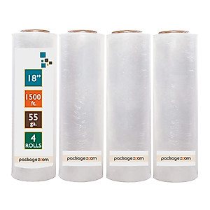 PackageZoom 4 Rolls 18" x 1500 Ft Stretch Wrap Heavy Duty, Industrial Strength Shrink Wrap, 55 Gauge High Performance Stretch Film Replaces 80 Gauge Low Films, Clear Hand Stretch Wrap