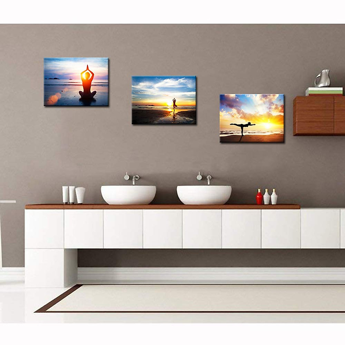 Biuteawal - 3 Pieces Seascape Painting Girl Do Yoga on the Beach Picture Print on Canvas Peaceful Wall Art for Yoga Room Home Bedroom Bathroom Wall Decoration Stretched and Framed