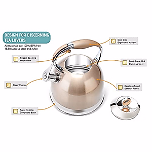 Tea Kettle - HIHUOS 3.17QT Whistling Tea Pots for Stove Top - Sleek Stainless Steel Stovetop Kettle, Easy-grip Handle With Trigger Opening Mechanism, 1 Free Silicone Pinch Mitt Included (Champagne)