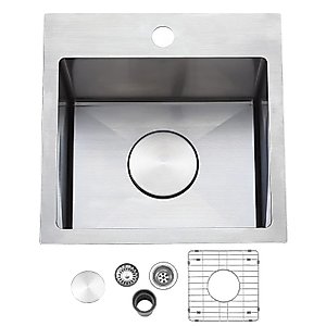 VAPSINT 15x15 inch 304 Stainless Steel Drop in Wet Bar Sink,Single Bowl Topmount Prep Rv Small Kitchen Sink with Grid and Drain