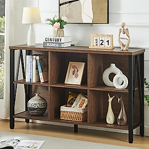 HOMISSUE 6 Cube Storage Organizer Shelf, Rustic Short Wide Bookshelf with Cube Storage, Industrial Low Cube Bookshelf with 3 Tier Shelf, Horizontal Bookcase for Living Room, Office, Brown