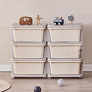 Kids Toy Organizer and Storage 6 Drawers 3 Tier Plastic Bin for Bedroom Living Room Nursery Kindergarten Cream Grey