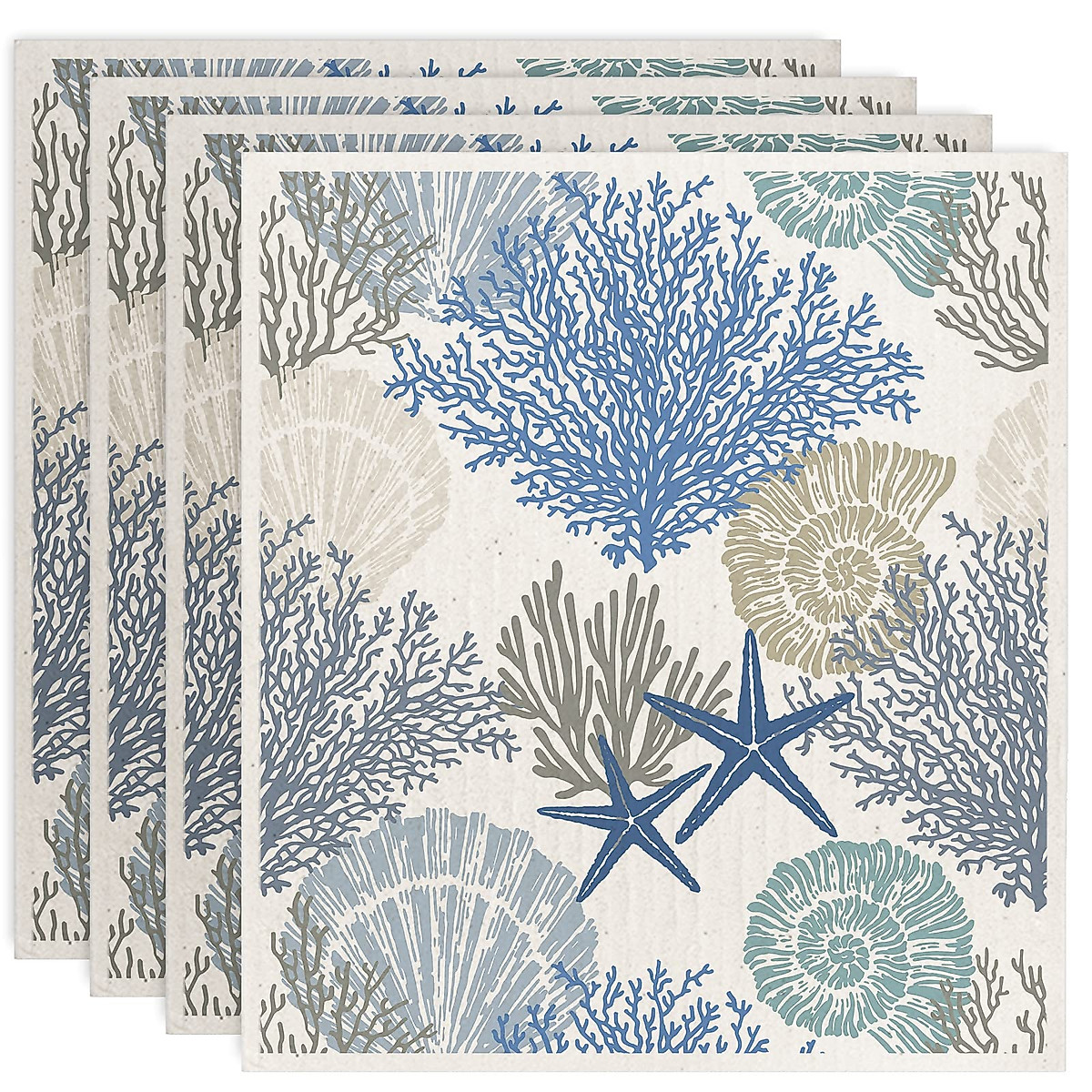 AnyDesign Ocean Swedish Kitchen Dishcloths Under The Sea Kitchen Dish Towel Reusable Seashell Starfish Coral Absorbent Cotton Dish Cloth for Summer Beach Party Cleaning Housewarming, 7 x 8, 4Pcs