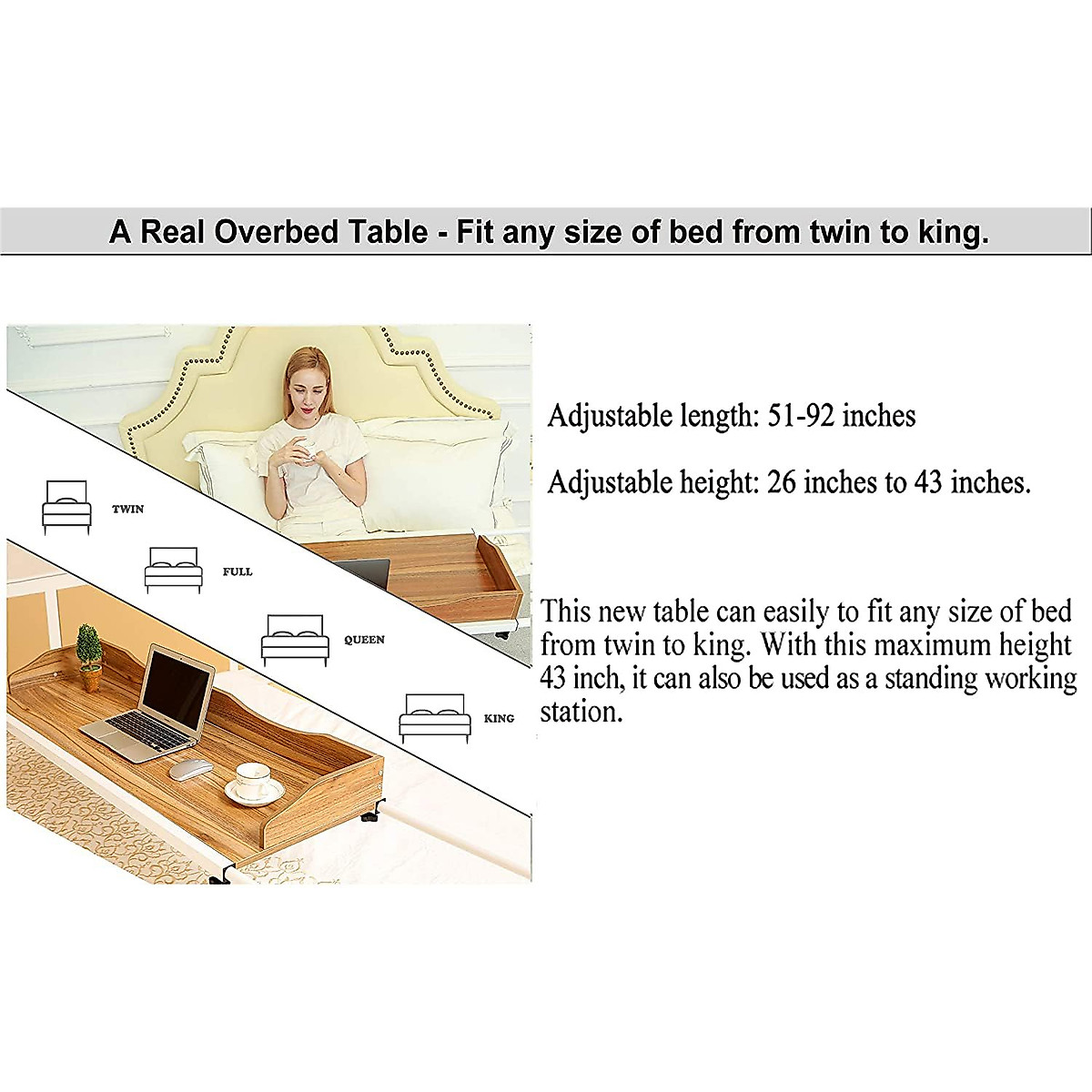 UNICOO - Overbed Table with Wheels for Full/Queen/King Beds Height&Width Adjustable Rolling Bed Desk Rolling Medical Table (Ancient Oak - 202)