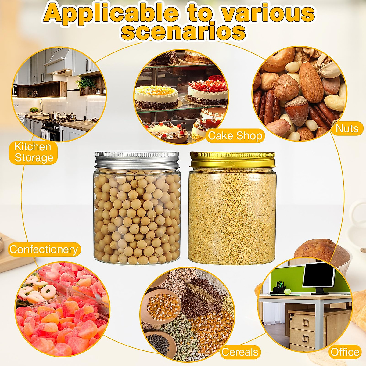 Tanlade 50 Pcs 8 oz Round Clear Container Jars with Lids Airtight Round Plastic Storage Jars Refillable Small Plastic Mason Jars Containers for Kitchen Household Food Storage Gold and Silver