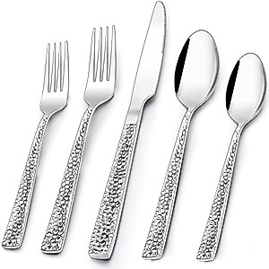 Hammered Silverware Set, Paincco 40-Piece Stainless Steel Square Flatware Set for 8, Tableware Cutlery Set, Utensil Set for Home Restaurant, Includes Fork Knife Spoon, Modern Design, Dishwasher Safe