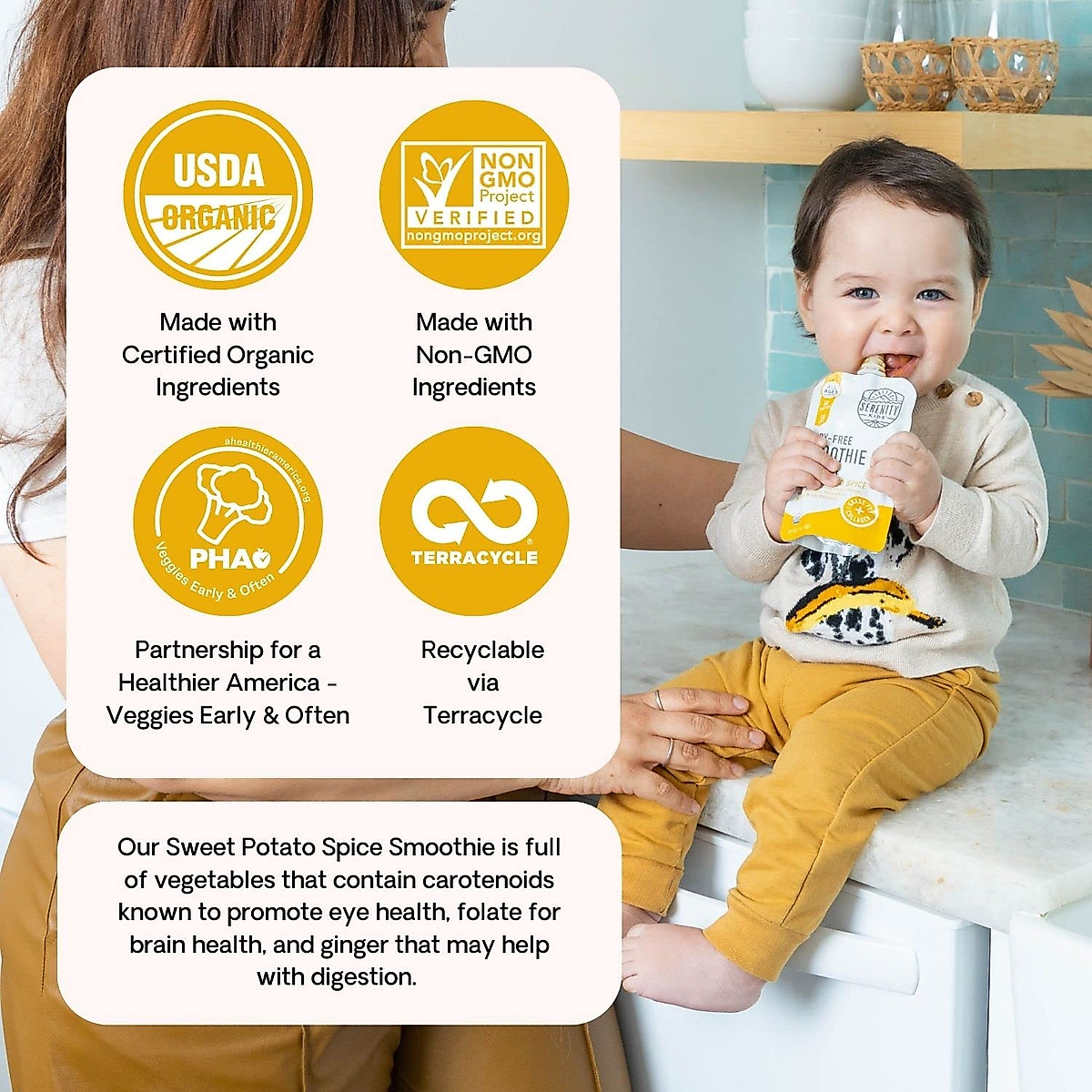 Serenity Kids 6+ Months Dairy-Free Smoothie Baby Food | USDA Organic | Grass Fed Collagen Protein | 3.5 Ounce BPA-Free Pouch | Sweet Potato Spice | 6 Count