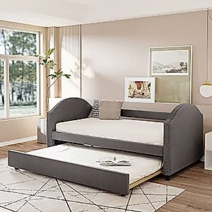 HSBD Full Size Daybed with Trundle, Modern Upholstered Day Bed Linen Fabric Sofa Daybed Frame with A Roll-Out Trundle, No Box Spring Needed, Furniture for Bedroom Living Room Guest Room