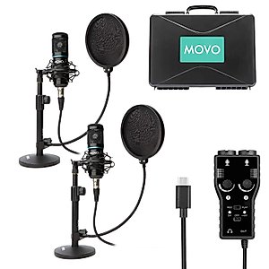 Movo Smartphone Podcast Recording Bundle Kit - 2 Pack Condenser Microphones, 2 Desktop Mic Stands, 2 Pop Filters, 2-Channel XLR Interface w/USB Type-C Output - Compatible with Android, Samsung Galaxy