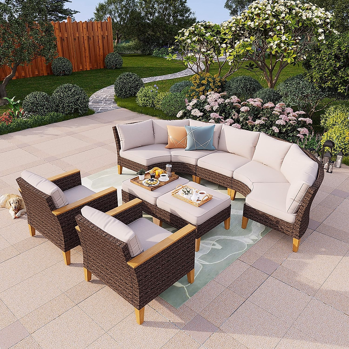 PHI VILLA Outdoor Patio Furniture 9 Seat Half-Moon Curved Sectional Oversized Wicker Sofa Set with Cushions, Beige for Poolside,Garden