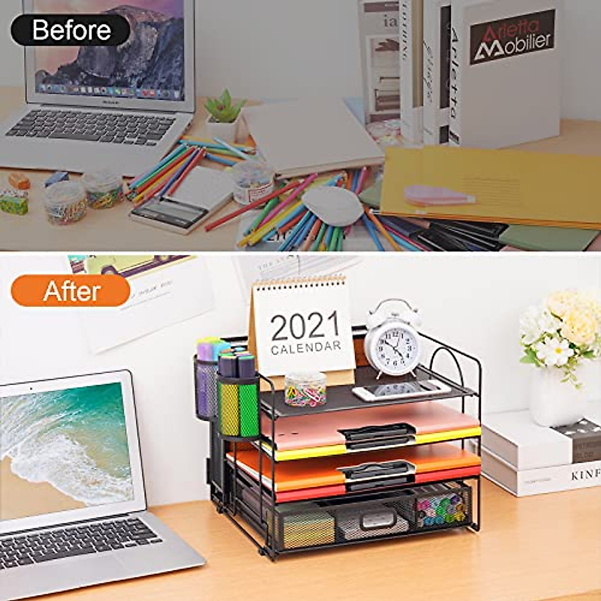 Marbrasse 4-Trays Desk File Organizer with 2 Pen Holder, Desktop Hanging File Holder with Drawer, Paper Letter Tray Organizer, Mesh Office Supplies Desk Paper Organizer for Home Office (Black)