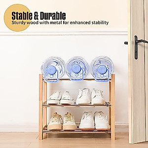 NUDUKO Expandable Shoe Rack Storage Organizer - Adjustable 3 Tier Small Shoe Rack Heavy Duty Free Wood and Metal Standing Shoe Shelf for Closet Bedroom Entryway (Natural)