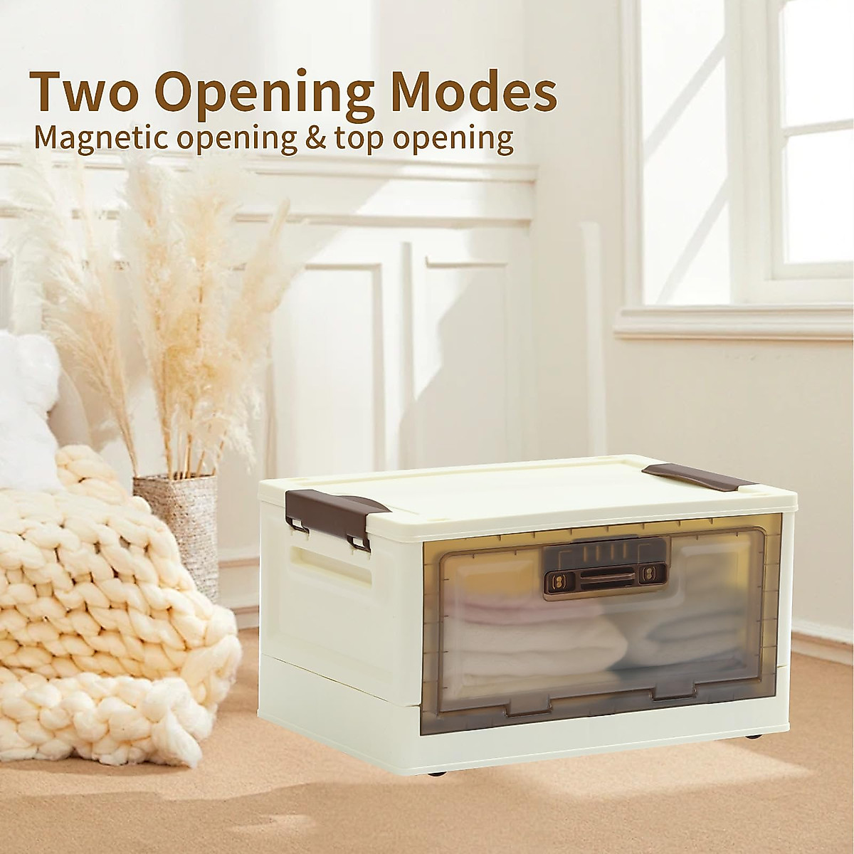 HMINYIYI 1 Pack Collapsible Stackable storage bins with lids and Wheels,11.56 Gal Sturdy Plastic Foldable Box Trunk Bedroom organizers, 20.8"x14.8"x9.84", sideway open, Under Bed Storage Container