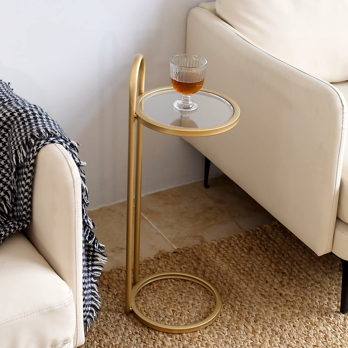 Gold Glass Small Drink Snack Accent Martini Table, C Shaped Side End Table, No-Assembly, 10" D x 28.5" H