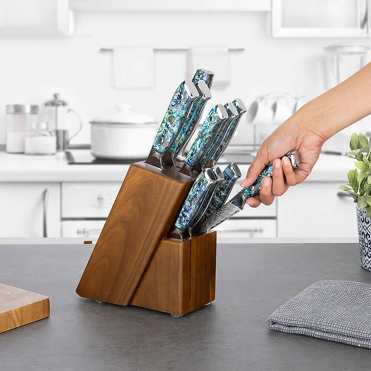 SENKEN 11-Piece Damascus Knife Block Set with Abalone Shell Handle - "Umi" Collection Japanese Chef Knife Set - 67-Layer Japanese VG10 Steel, Chef Knife, Paring Knife, 4 Matching Steak Knives & More