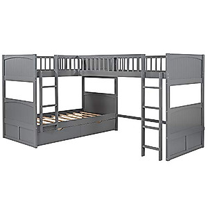 Triple Bunk Beds, L-Shaped Bunk Beds for 3 with Storage Drawers, Twin Loft Bed and Twin Over Twin Wood Bunk Bed with Storage for Kids Boys Girls Teens Adults, No Box Spring Needed, Gray