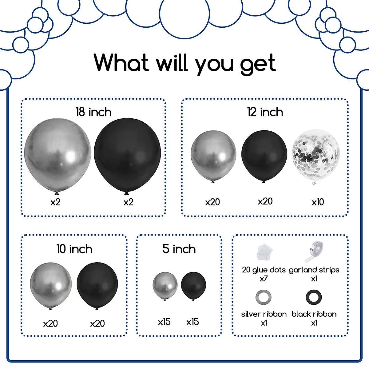 COKAOBE Black and Silver Balloons Garland Kit, 124pcs Black Metallic Silver Confetti Balloon Arch Kit for Wedding Engagements Birthday Graduation Baby Shower Celebrations Anniversary Party Decorations