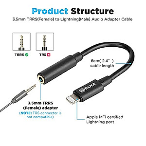 BOYA by-K3 Female 3.5mm TRRS Microphone Adapter Cable to MFi Certified Lightning Connector Dongle, Headphones Adapter for iPhone 12 Mini 12 Pro Max 11 Pro Max X XR XS iPhone 7 7P 8 8P
