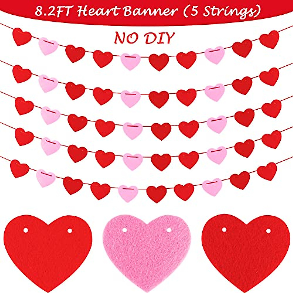 Valentine Felt Heart Garland for Valentines Day Decor, No DIY, 50 Pcs - Valentines Heart Banner for Valentines Day Decorations, Wedding Anniversary Decorations, Felt Hearts, Love Romantic Decorations