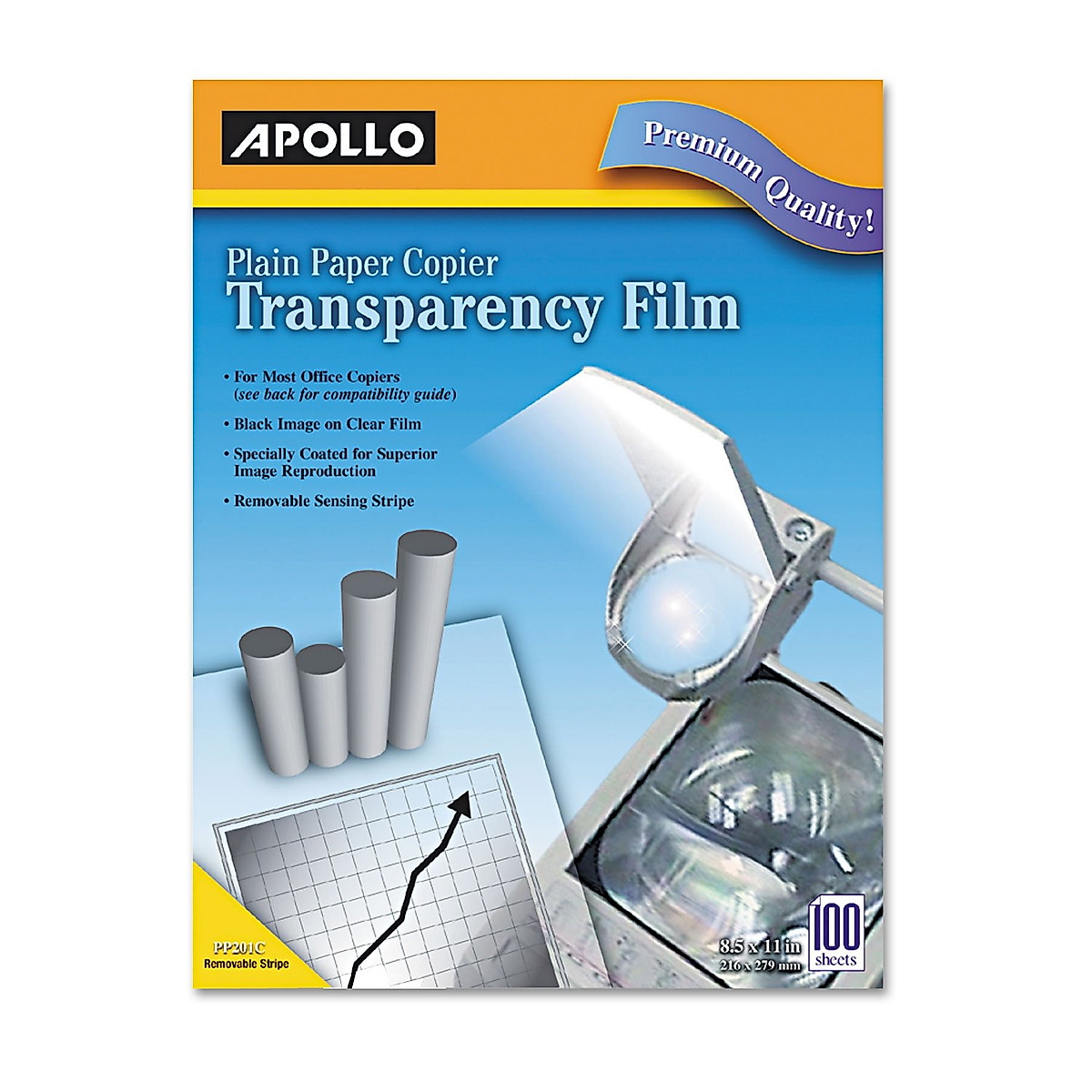 Apollo® Plain Paper Copier Transparency Film, Black On Clear With Strip, Box Of 100 Sheets