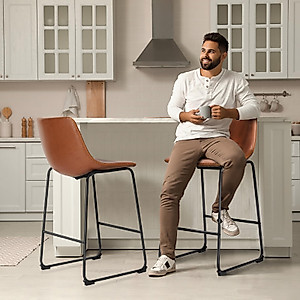 DUMOS 30 Inch Counter Height Bar Stools Set of 2, Modern Faux Leather High Barstools with Back and Metal Leg, Bar Chairs for Kitchen lsland, Brown