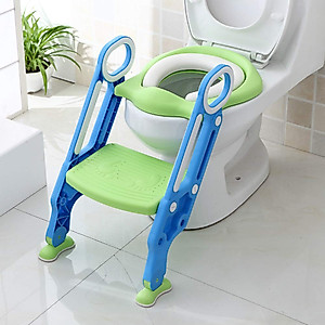 Potty Training Seat with Step Stool Ladder and Handles for Baby Toddler Kid Children Boys and Girls Toilet Training Chair with Padded Soft Cushion and Non-Slip Wide Step (Green Blue)