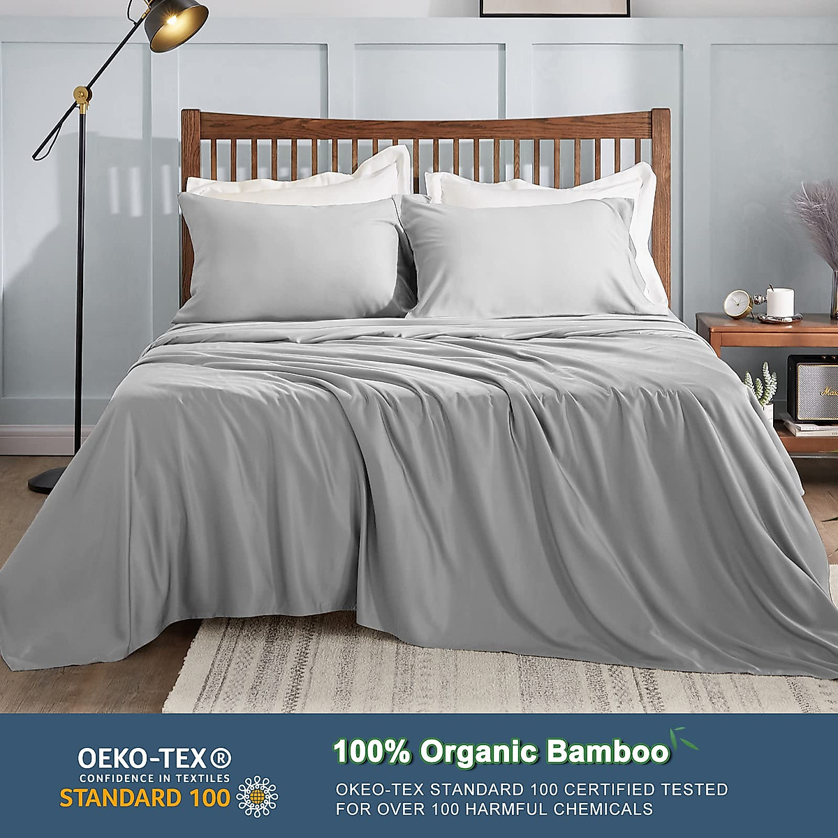 CozyLux Cooling Sheets King Size, Rayon Derived from Bamboo, Oeko-TEX Certified Luxuriously Soft & Silky Sheet Set - 16" Deep Pockets 4 Piece Bedding Sheets & Pillowcases，Light Grey