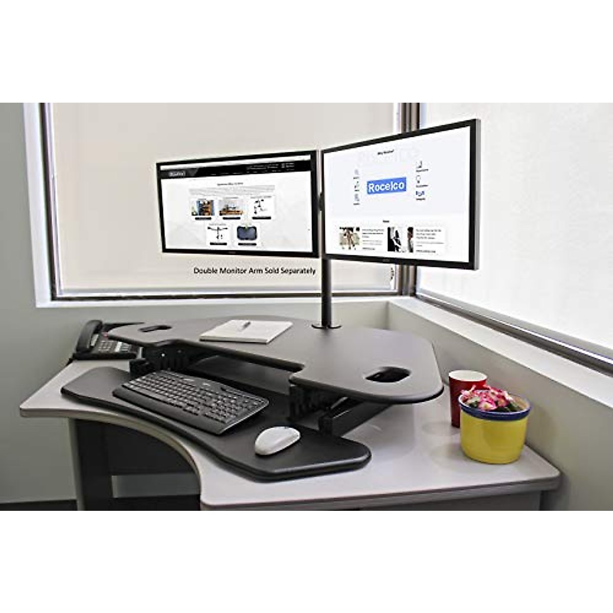 Rocelco 46" Height Adjustable Corner Standing Desk Converter, Quick Sit Standup Dual Monitor Riser, Gas Spring Assist Tabletop Computer Workstation, Large Keyboard Tray, (R CADRB-46), Black