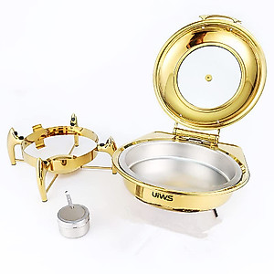 HONHPD 6.8 QT Round Golden Chafing Dish, chaffing server set buffet, Stainless Steel Buffet Chafer with Glass Lid, Chafers and Buffet Warmers Set for Catering, Buffet Food Warmer for Parties