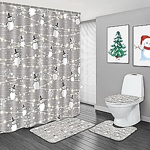 Alishomtll 4 Pcs Merry Christmas Shower Curtain Sets with Non-Slip Rugs, Toilet Lid Cover and Bath Mat, Xmas Snowman Shower Curtains with 12 Hooks, Snowflake Shower Curtains for Bathroom Decoration