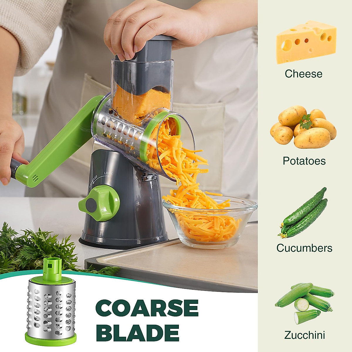 Cheese Grater with Handle, Kitchen Manual Cheese Shredder with 3 Interchangeable Blades, Rotary Cheese Grater Handheld with Strong Suction Base, Vegetable Slicer Nuts Grinder with Clean Brush