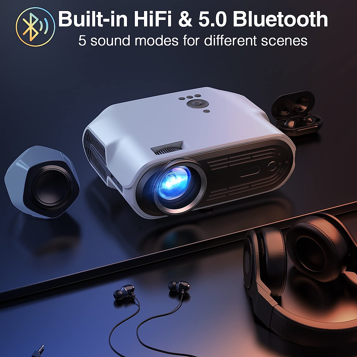 Native 1080P WiFi Bluetooth Projector with 200'' Display, 8000Lux Full HD 4K Support Movie Video Projector Compatible w/ iOS Android Smartphone Tablet, HDMI/VGA/USB/TV Stick, Auto Sleep Timer