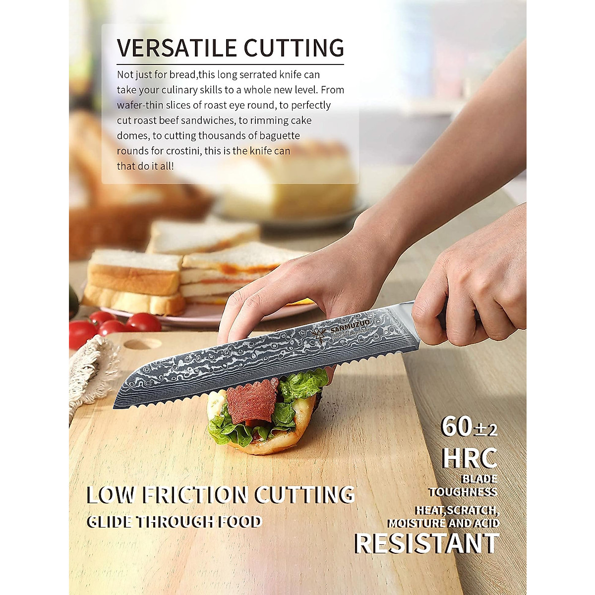 SANMUZUO 8” Bread Knife Serrated Kitchen Chef Knife - Damascus Steel & Resin Handle - Xuan Series (Sunset Red)