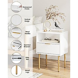 Aienvey Nightstand, Drawer Night Stand for Bedroom, Small Side Table with Drawer, Bedside Furniture, End Table with Gold Frame for Bedroom, Living Room (White Stripe, 1 Drawer)