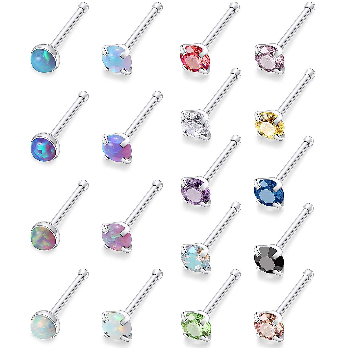 Kridzisw 18G Nose Ring Stud Piercing Jewelry for Women 316L Stainless Surgical Steel Silver Diamond Crystal Straight Opal Nose Ring Stud Hoop Earrings Bar Pin Bone Pink Piercing Jewelry Women Men 2mm