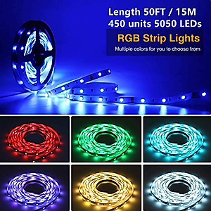 Vbakor 50Ft Smart Led Strip Lights with Music Sync, 5050 450LEDs RGB Strip Lights with Remote Controller, Sensitive Built-in Mic, App Controlled LED Lights Tape Lights for Home, Ceiling, Bedroom